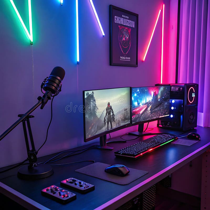 Colorful Neon-lit Gaming Setup with Streaming Microphone and Gear Stock ...
