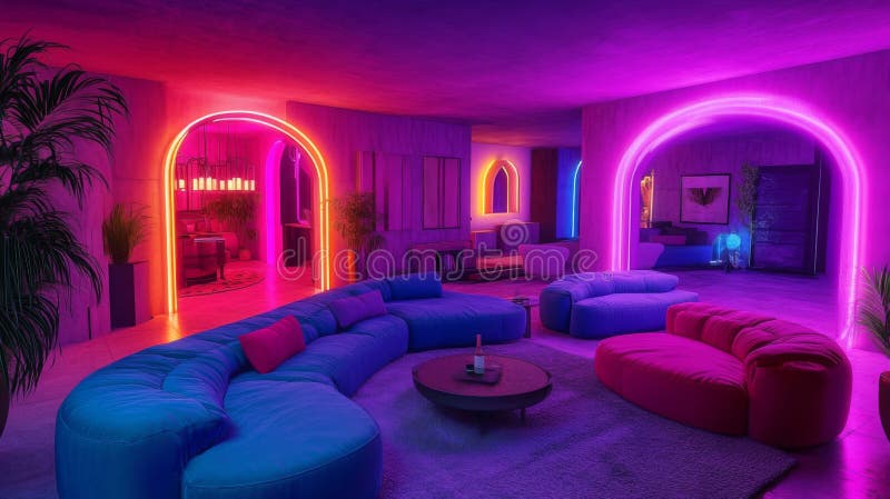 Colorful Neon Lit Interior Living Room Design Stock Illustration ...