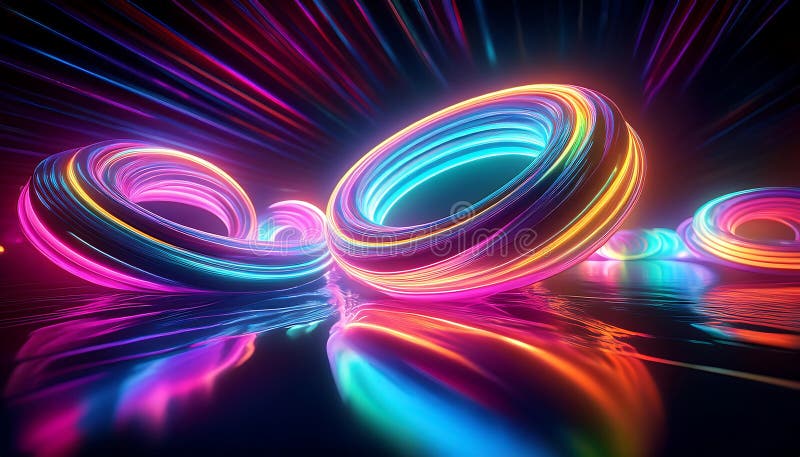 Colorful Neon Loops Illuminated in a Dark Space with Reflective Surface ...