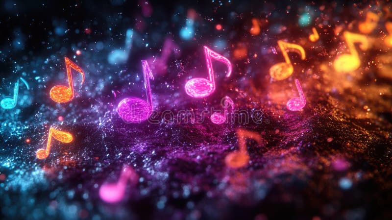 Colorful Neon Music Notes Floating on Glittery Background Stock Image ...