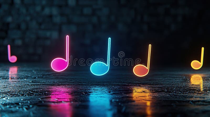Colorful Neon Music Notes Illuminated on a Reflective Surface Creating ...