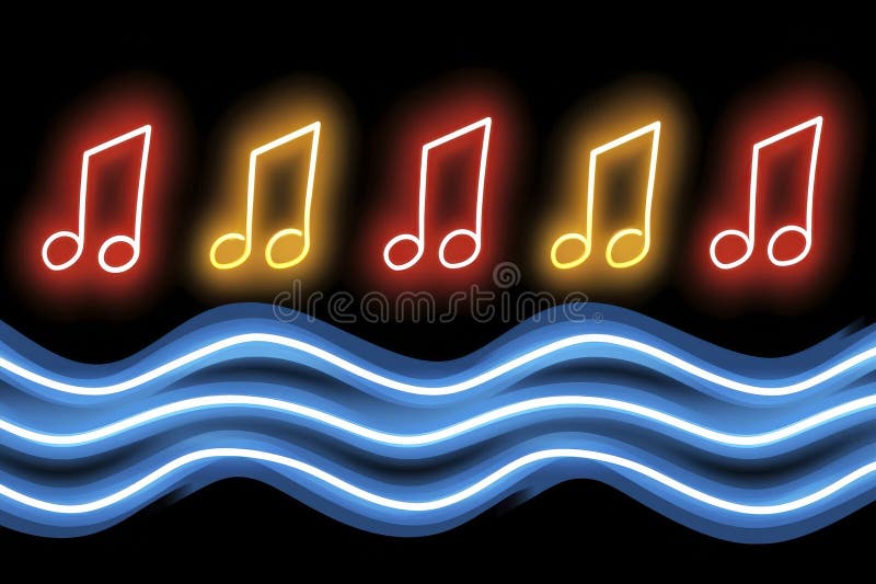 Colorful Neon Musical Notes with Wavy Water Pattern Under Black ...