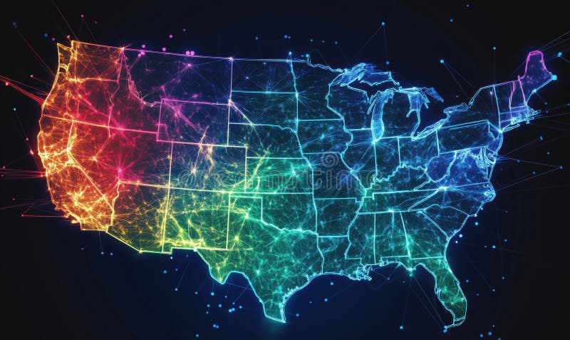Colorful Neon Network Map United States Representing Connectivity ...
