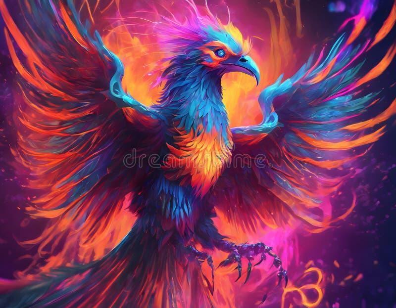 Colorful Neon Phoenix with Fire Wing, Phoenix Try To Fly in the First ...
