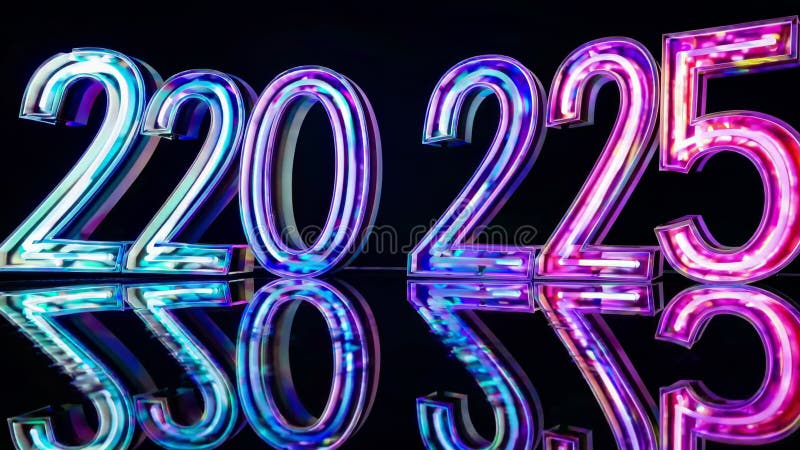 Colorful Neon Sign Displaying the Number 225, Reflected on a Dark ...