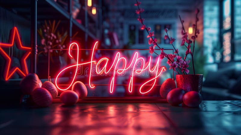 A Colorful Neon Sign Displaying the Word Happy Surrounded by Easter ...