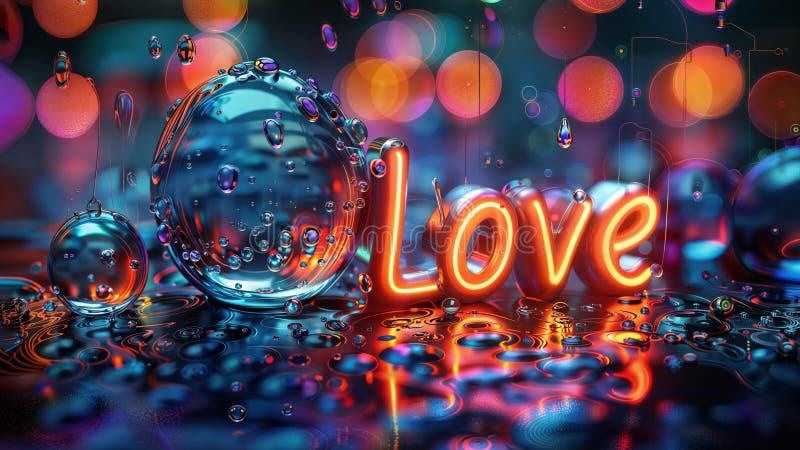 Neon Love Sign with Water Drops and Bubbles in a Modern Romantic Style ...