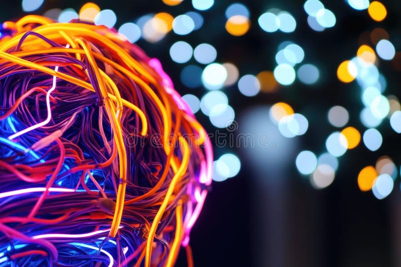 Colorful Neon Wire Sphere with Bokeh Lights Background Stock ...