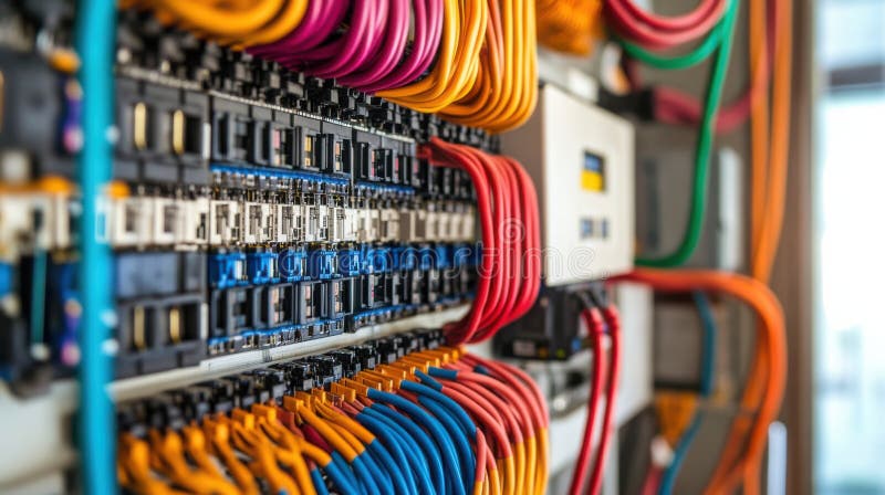 Colorful Network Cables and Electrical Connections in a Control Panel ...
