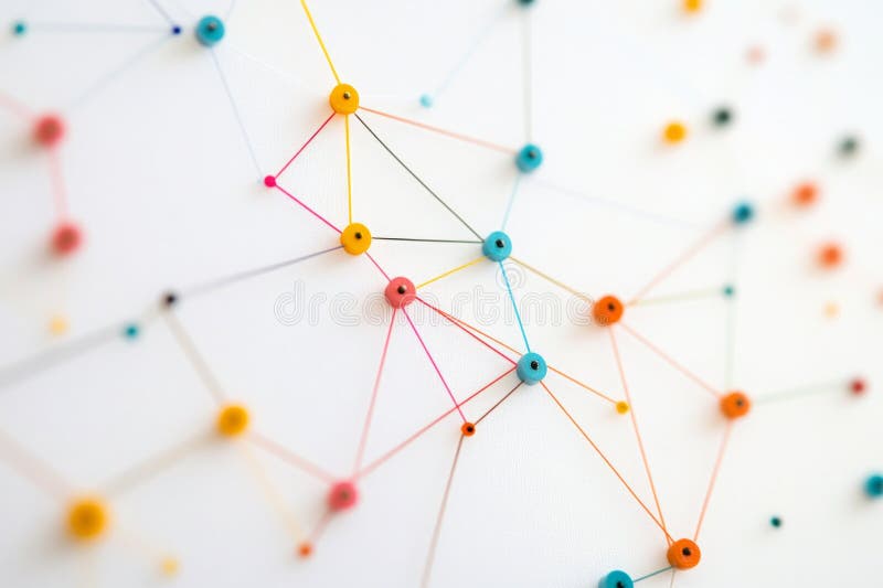 Colorful Network Connections with Pins and Strings on White Background ...