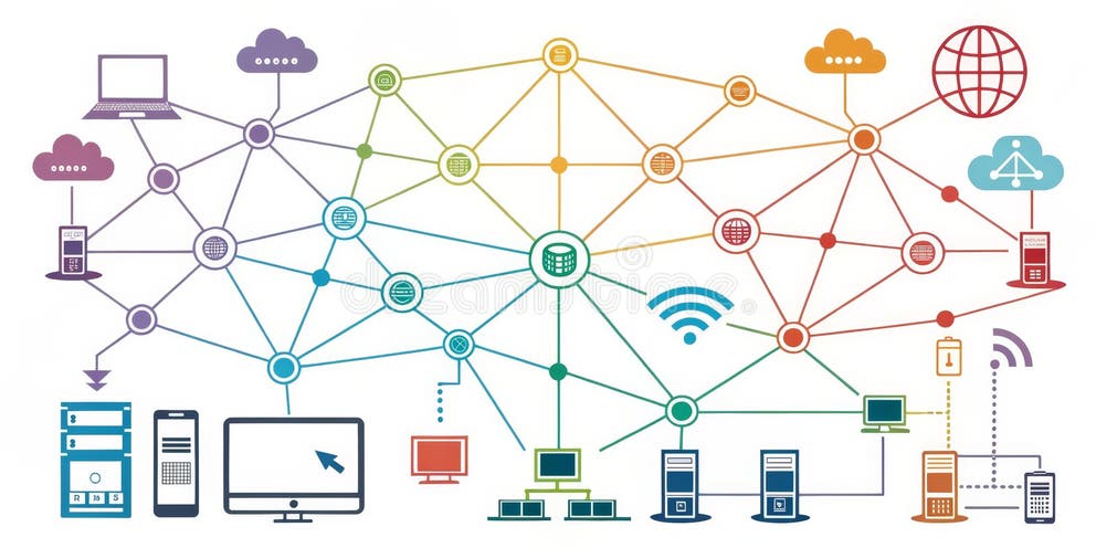 Colorful Network Diagram Cloud, Servers and Devices Connected ...