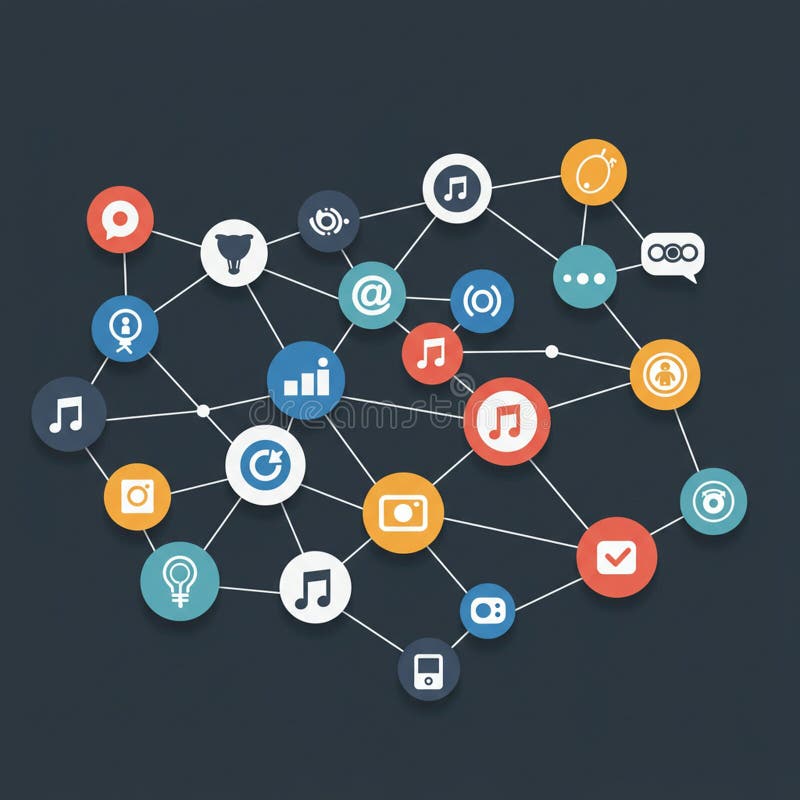 Colorful Network of Interconnected Icons on a Dark Background, Each ...