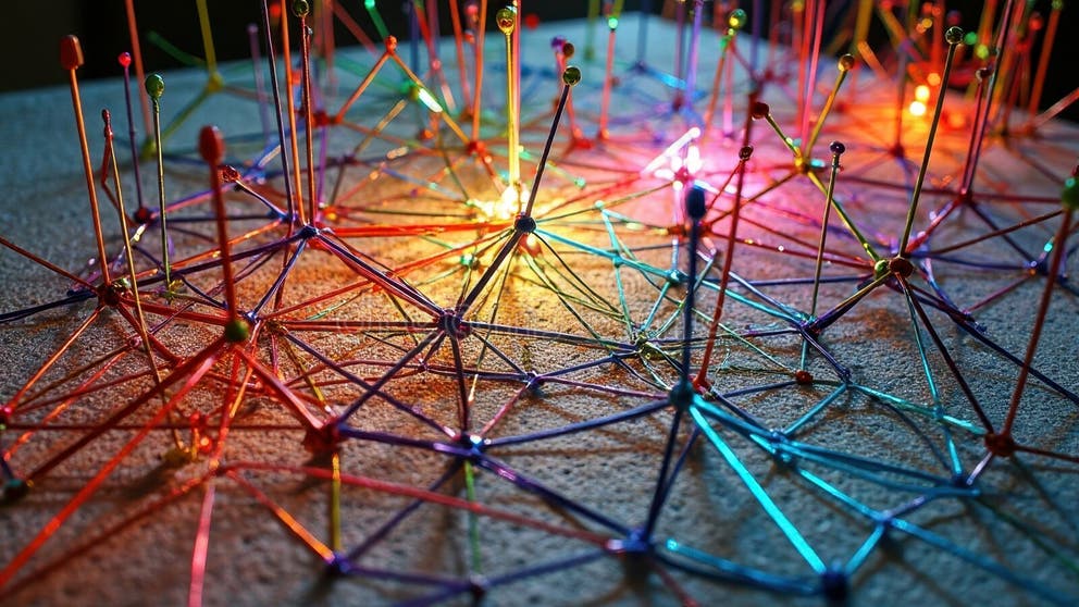 Colorful Network of Interconnected Threads and Pins Illuminated by Led ...