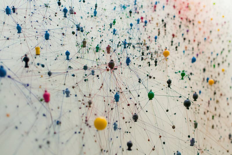 A Colorful Network of Small Figures Connected by Lines on a White ...