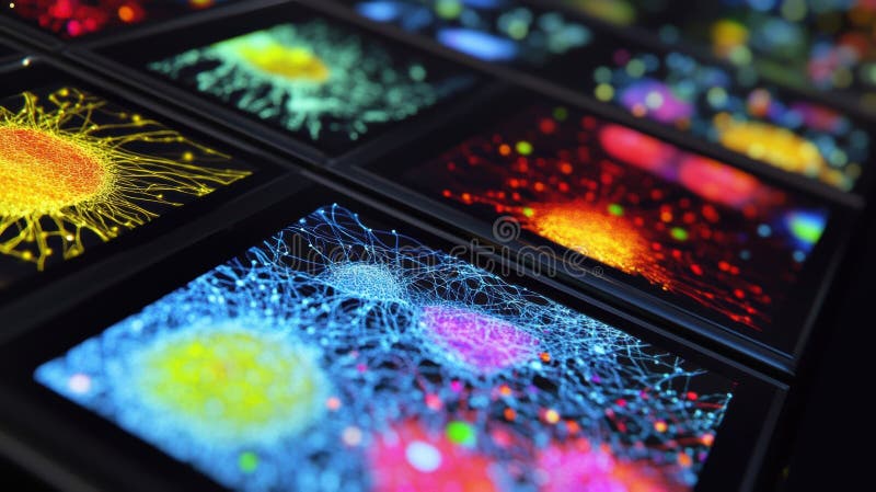 Colorful Network Structures Displaying on Multiple Screens Stock ...