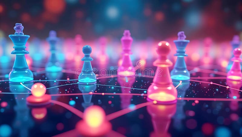 Colorful Network Visualization, Glowing Game Pieces, Interconnected ...