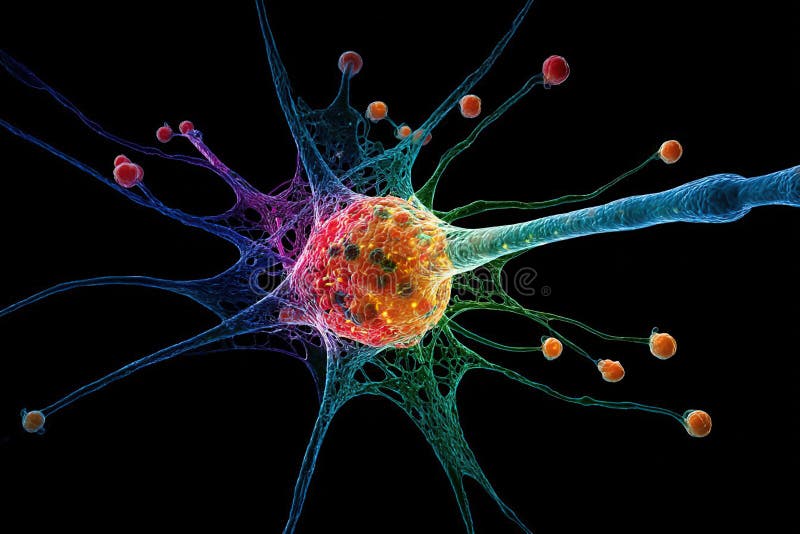 Colorful Neuron Cell with Dendrites and Axon Terminals on Black ...