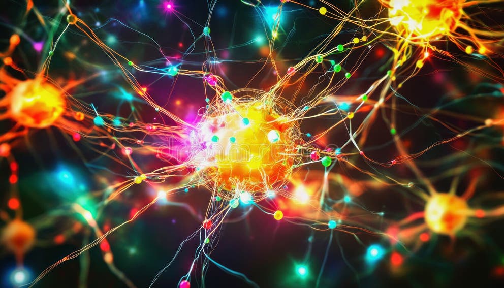 Colorful Neuron Cells Communicating with Synapses Transmitting Signals ...