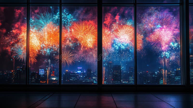 Colorful New Yearâ€™s Eve Fireworks Reflected in City Windows Stock ...