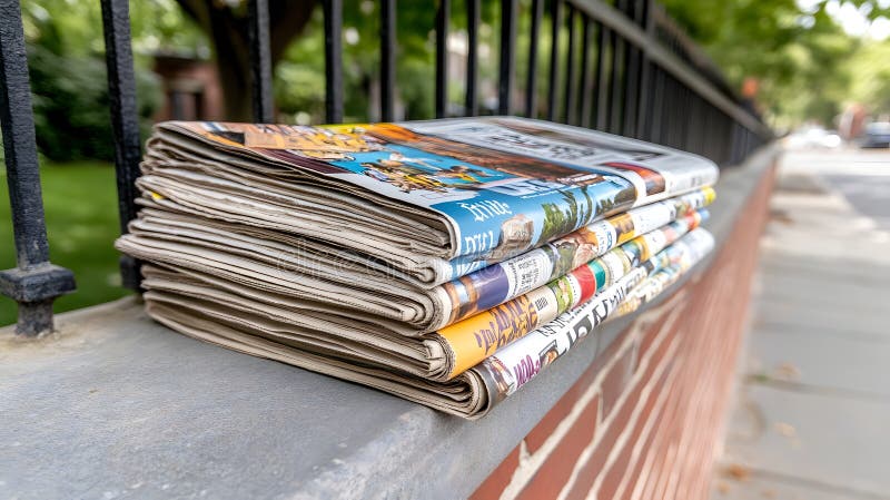 Colorful Newspapers Stacked Against Brick Wall Outdoors Stock ...