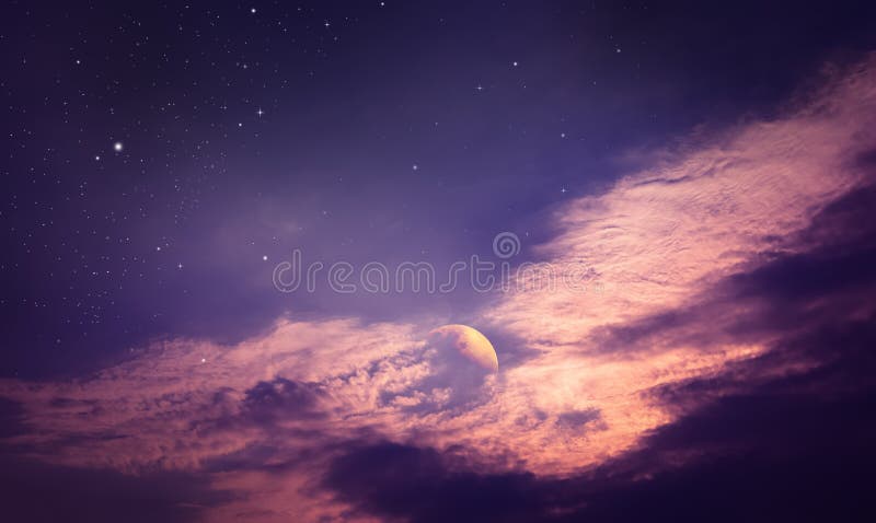 Colorful Night Sky with Moon Stock Photo - Image of light, meteor ...
