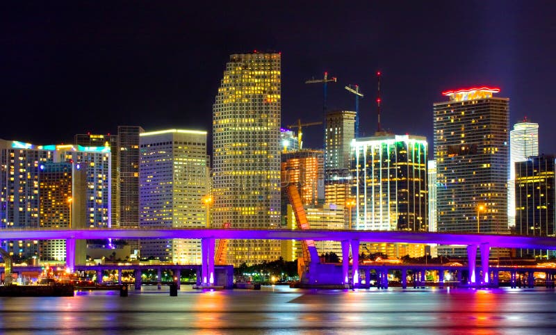 Colorful Night View of City of Miami Florida Stock Photo - Image of ...