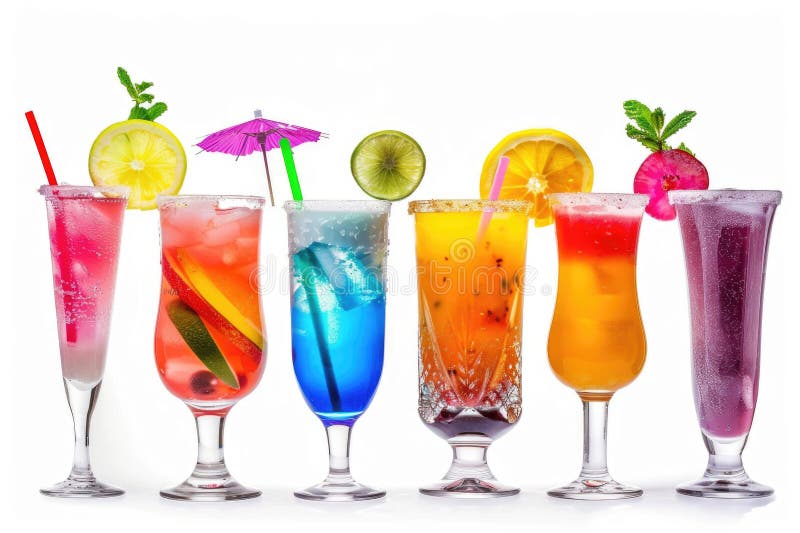 Colorful Non Alcoholic Cocktails In Tall Glasses Isolated Against A