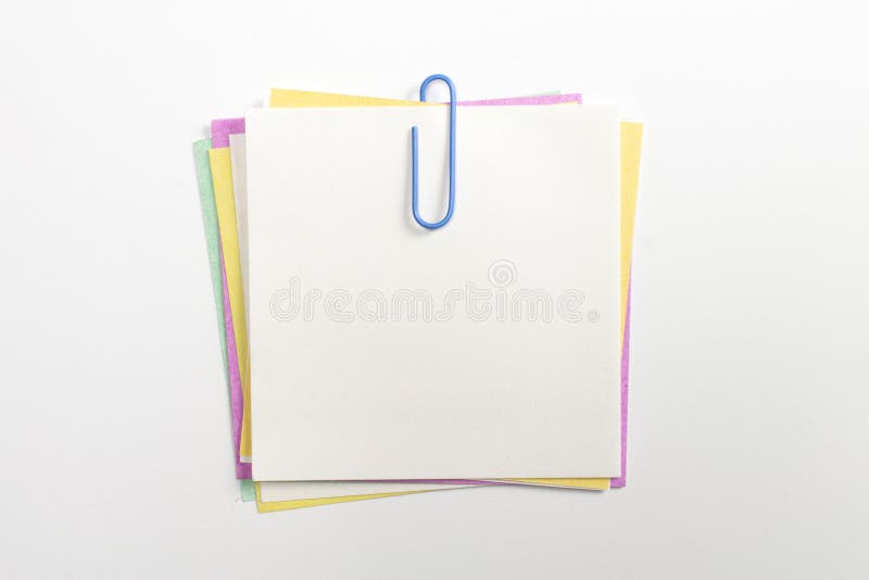 Colorful Note Paper Pin with Blue Paper Clips and Isolated on White ...