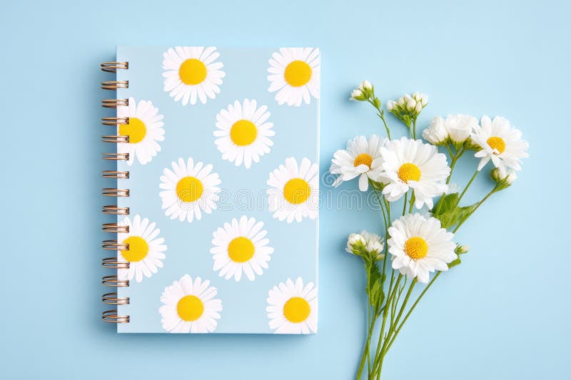 Colorful Notebook with Daisy Pattern Placed on a Blue Background ...