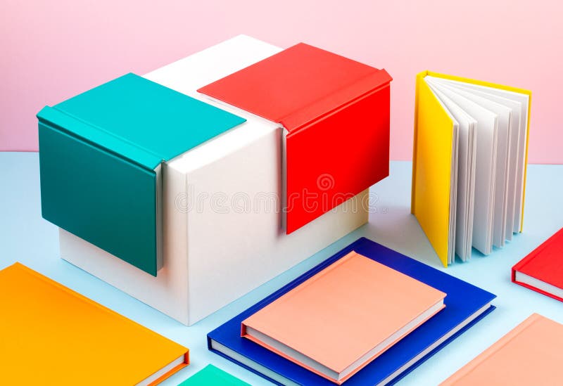 Colorful Notebooks Over the Blue Pastel Background. Modern Abstract ...