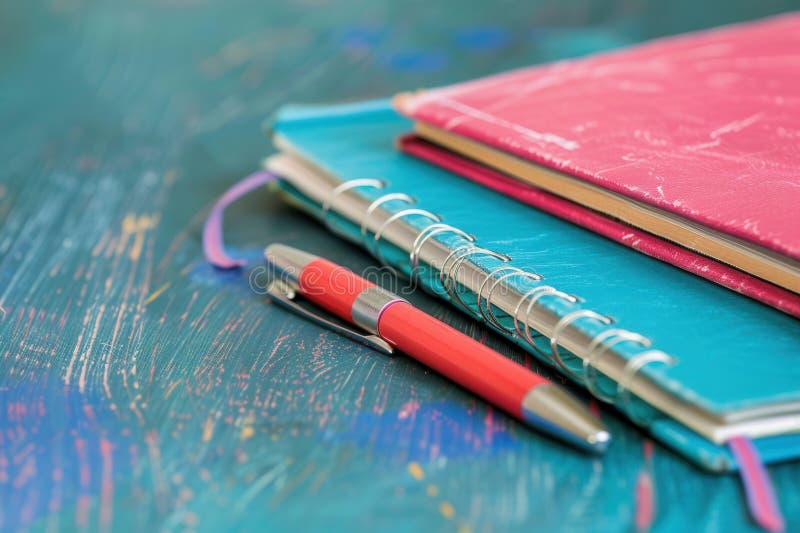 Colorful Notebooks and a Pen Arranged on a Rustic Wooden Table during a ...