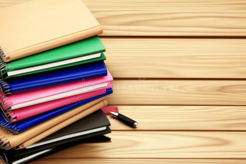 Colorful Notebooks Stacked on Wooden Surface a Stack of Colorful Spiral ... Colorful Notebooks Stacked on Wooden Surface a Stack of Colorful Spiral ...