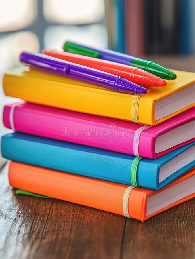 Colorful Notepads and Pens on Table Stock Photo - Image of supply ...