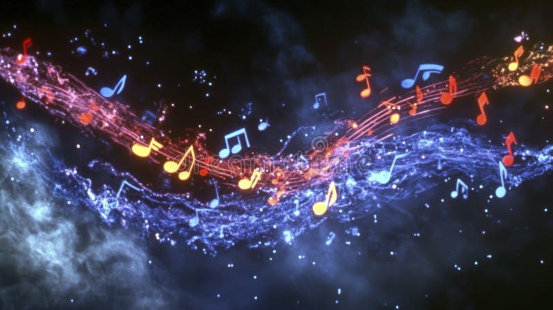 Colorful Notes Flow in a Cosmic, Ethereal Setting Stock Illustration ...