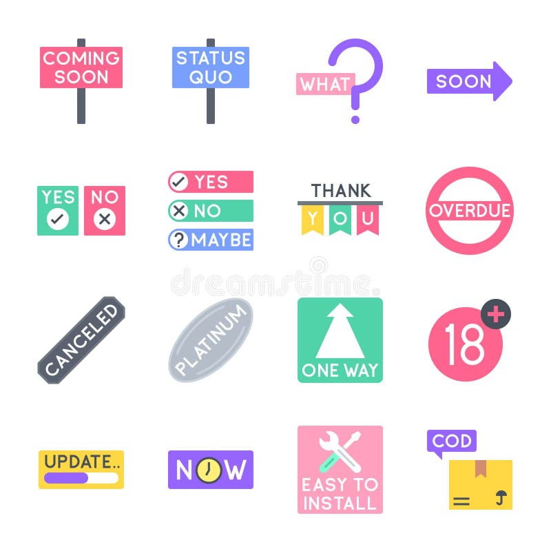 Colorful Notification and System Status Icon Set with Bold Text Tags ...