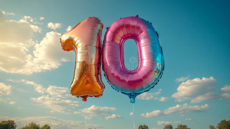 Colorful Number 10 Balloons Floating in Blue Sky Stock Photo - Image of ...
