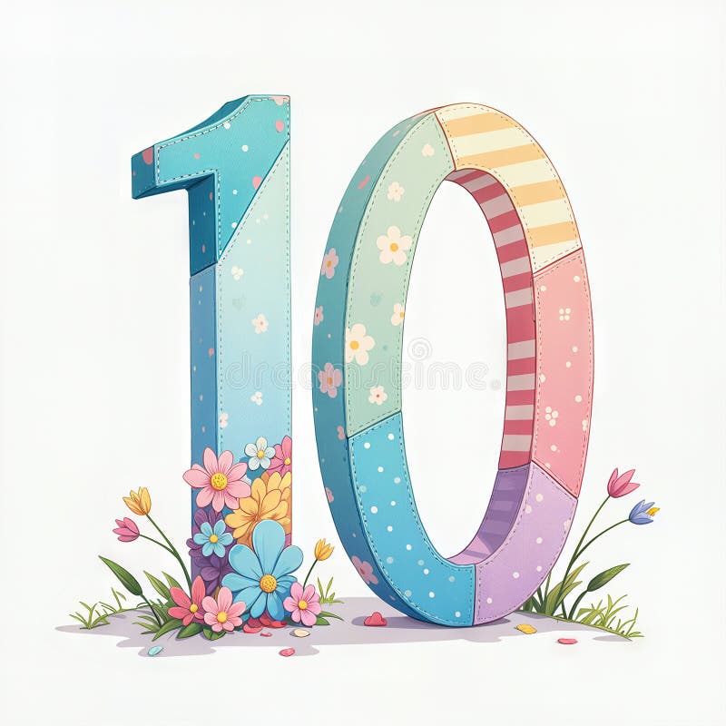 Colorful Number 10 with Flowers Stock Illustration - Illustration of ...