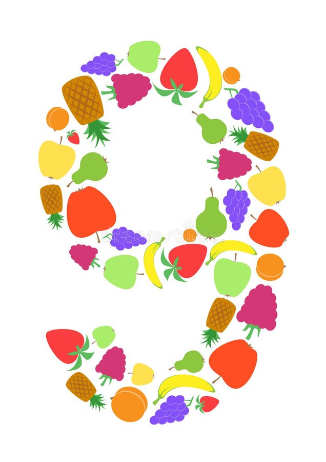 Colorful Number 9 Shaped by Flat Fruit Designs, Arial Stock ...