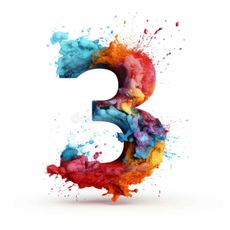 Colorful Number 3 with Explosive Pigmentation and Realistic Watercolors ...