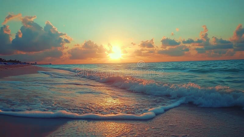 A Colorful Ocean Beach at Sunrise Beneath a Deep Blue Sky, Illuminated ...