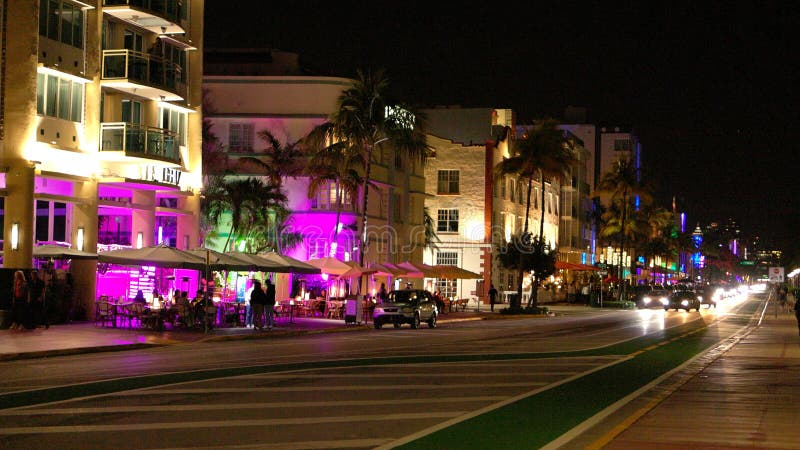 Colorful Ocean Drive At South Beach Miami By Night Miami Florida