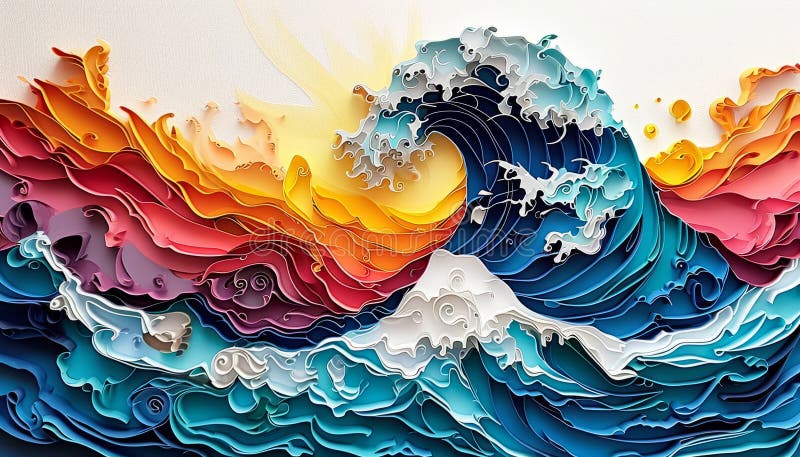 Colorful Ocean Wave Paper Cut Stock Illustration - Illustration of ...
