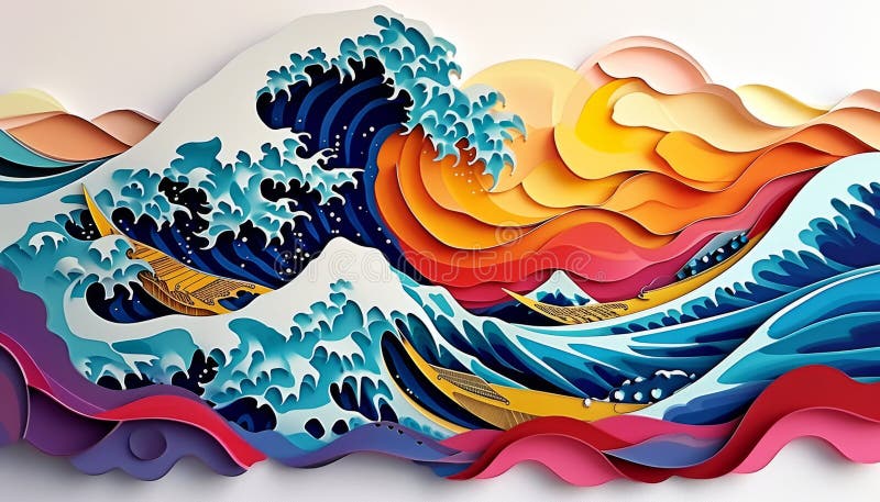 Colorful Ocean Wave Paper Cut Stock Illustration - Illustration of ...