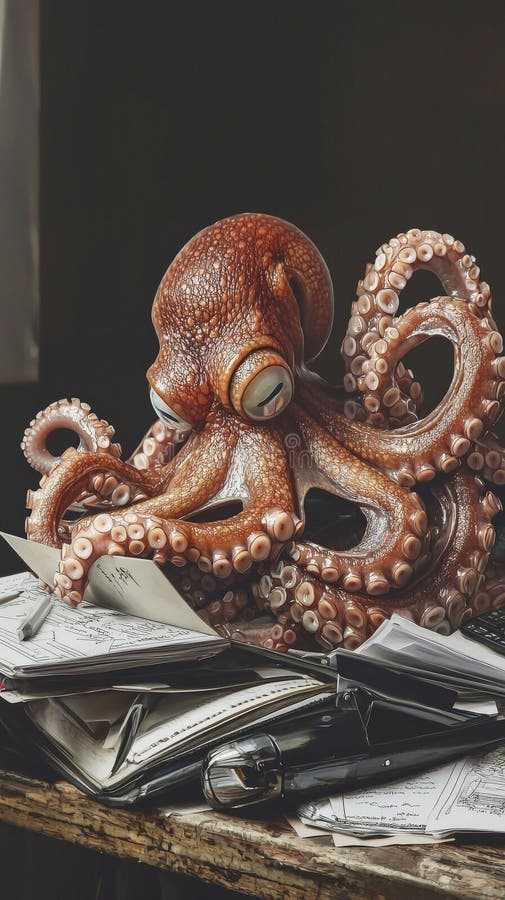 Colorful Octopus Atop Cluttered Work Desk Setting Stock Illustration ...