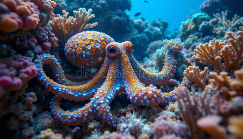 Colorful Octopus Swimming among Coral Reefs Underwater Stock ...