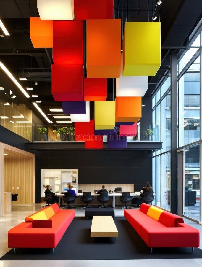 Colorful Office Lobby with Cube Lights Stock Illustration ...