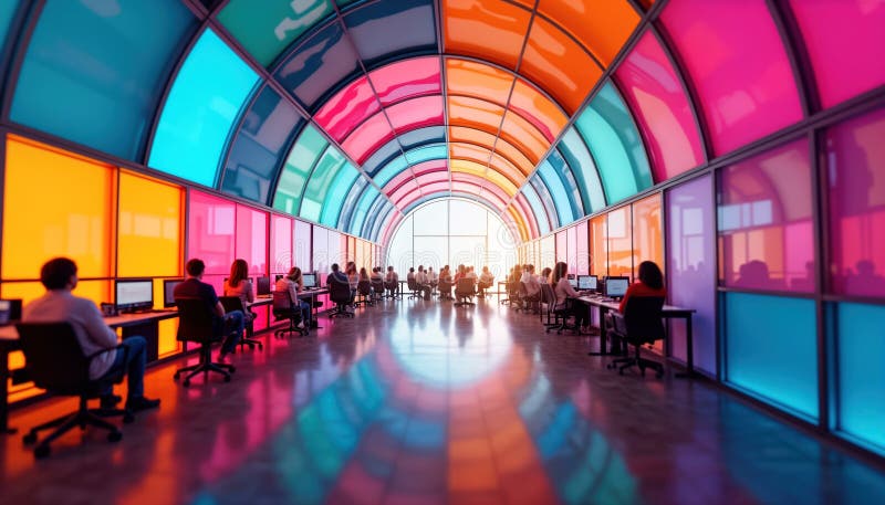 Colorful Office Space with Many People Working at Computers. Team ...