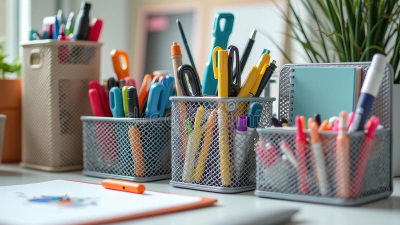 Colorful Office Supplies in Mesh Holders on Desk with Notepad and ...