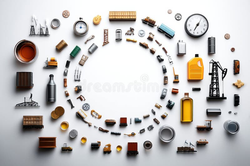Circular Arrangement of Various Oil-Related Objects Showcasing Industry ...