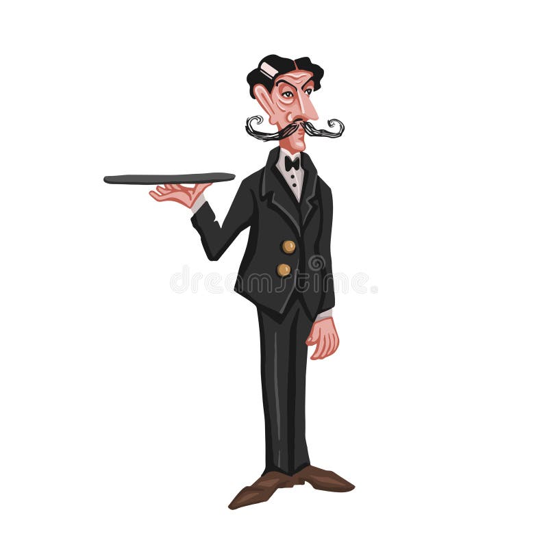 Colorful Old Fashioned Waiter with Tray, Cartoon Style Vector Stock ...